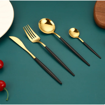 Jual Set Alat Makan Perlengkapan Sendok Garpu Pisau Stainless Steel - KA2021 - Hitam Gold | PBN ...