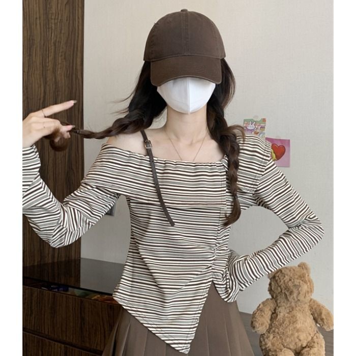 Jual Off-Shoulder Lengan Panjang, Baju Terusan Bergaris-garis, Ketat ...