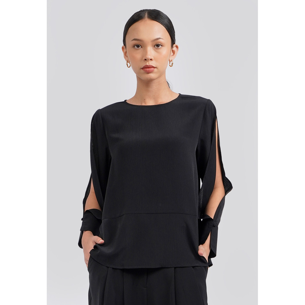 Jual Executive Round Neck Open Sleeve Blouse Black | Shopee Indonesia