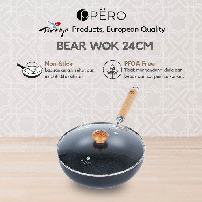 Jual Pero Bear Wok Pan Iron Black with Lid 20cm 24cm / Wok Pan Wajan ...