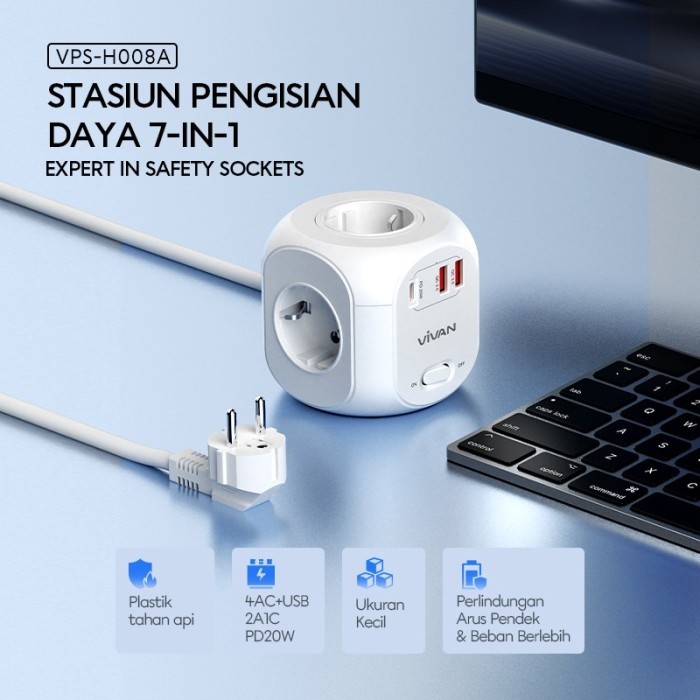 Jual VIVAN 7 in 1 Stop Kontak Colokan Listrik AC Saklar Adaptor 2 USB 1 ...