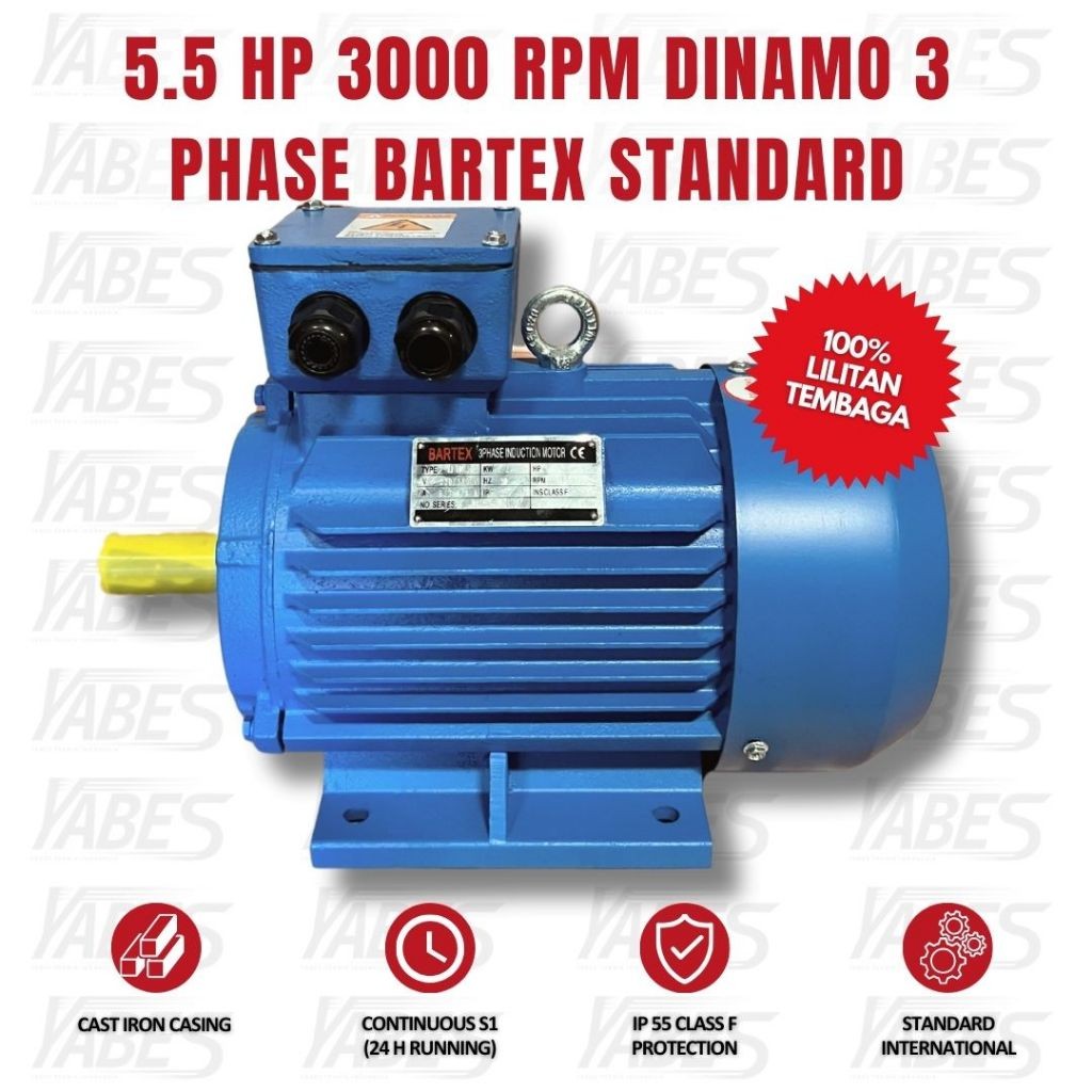 Jual BARTEX Dinamo 3 Phase 380v 5.5 HP 100% Lilitan Tembaga 3000 RPM Body Cast Iron Elektromotor ...