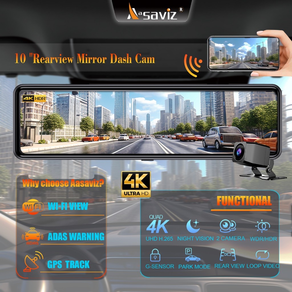 Jual Aasaviz H10 Kamera Dasbor Kaca Spion 4K WIFI GPS ADAS Kamera Mobil ...