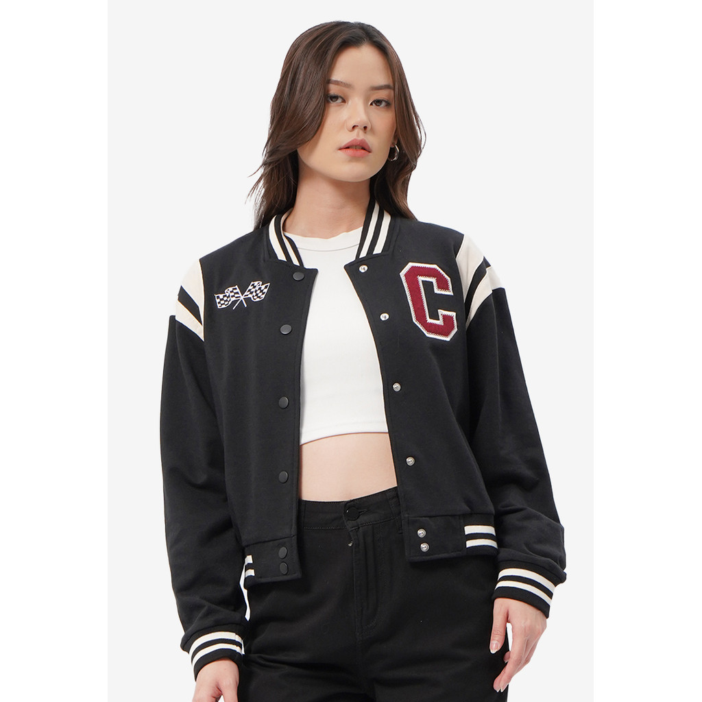 Jual COLORBOX Cropped Varsity Jacket Black | Shopee Indonesia