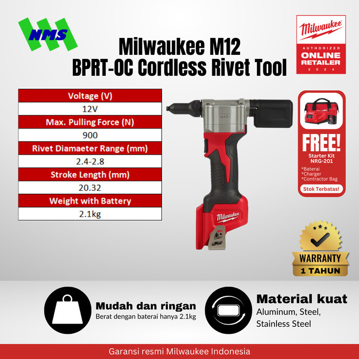 Jual Alat Rivet Milwaukee M12 BPRT-0C Cordless Rivet Tool Baterai ...