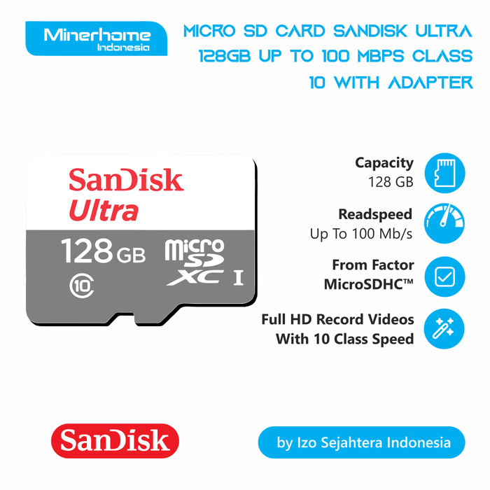 Jual Micro SD Card SanDisk Ultra 128Gb Up to 100Mbps Class 10 With Adapter | Shopee Indonesia