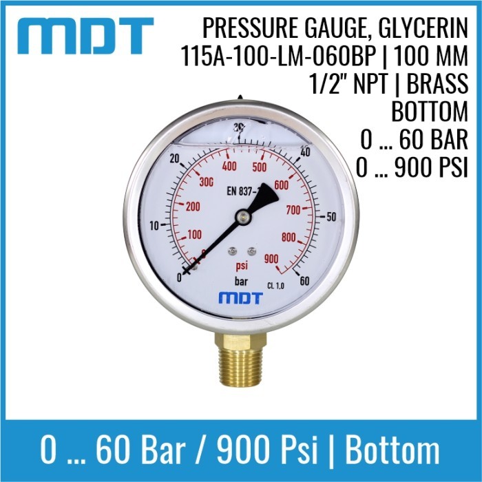 Jual Produk Premium Mdt Pressure Gauge, Gly 4" 0-60 Bar/900 Psi 1/2 ...