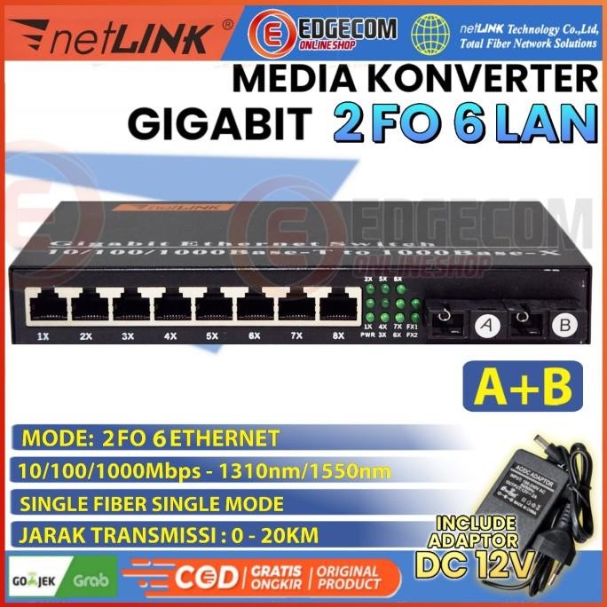 Jual Media Konverter 2 FO 8 LAN Gigabit switch Ethernet Fiber optic Netlink | Shopee Indonesia