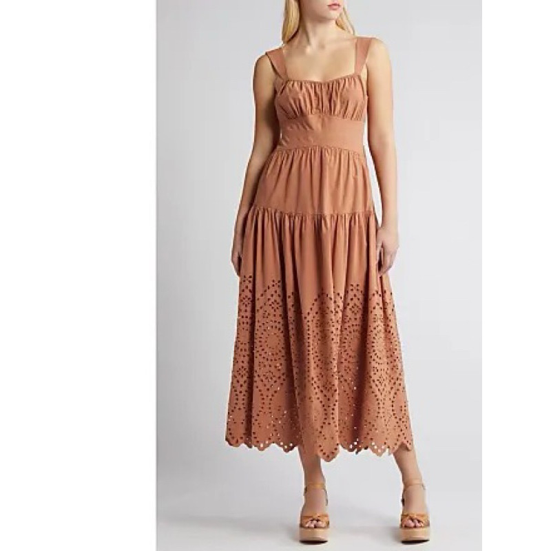 Jual Gaun Midi Berpotongan Lubang Kancing 100% Katun Cokelat Joie dari ...
