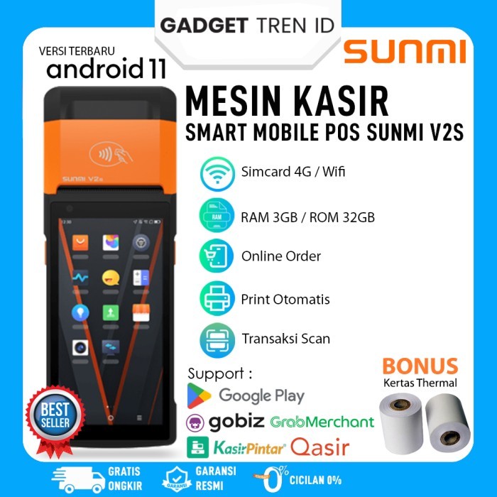 Jual TERBARU Mesin Kasir Android Portable SUNMI V2s 2/16GB NFC Support Play Store Bergaransi ...