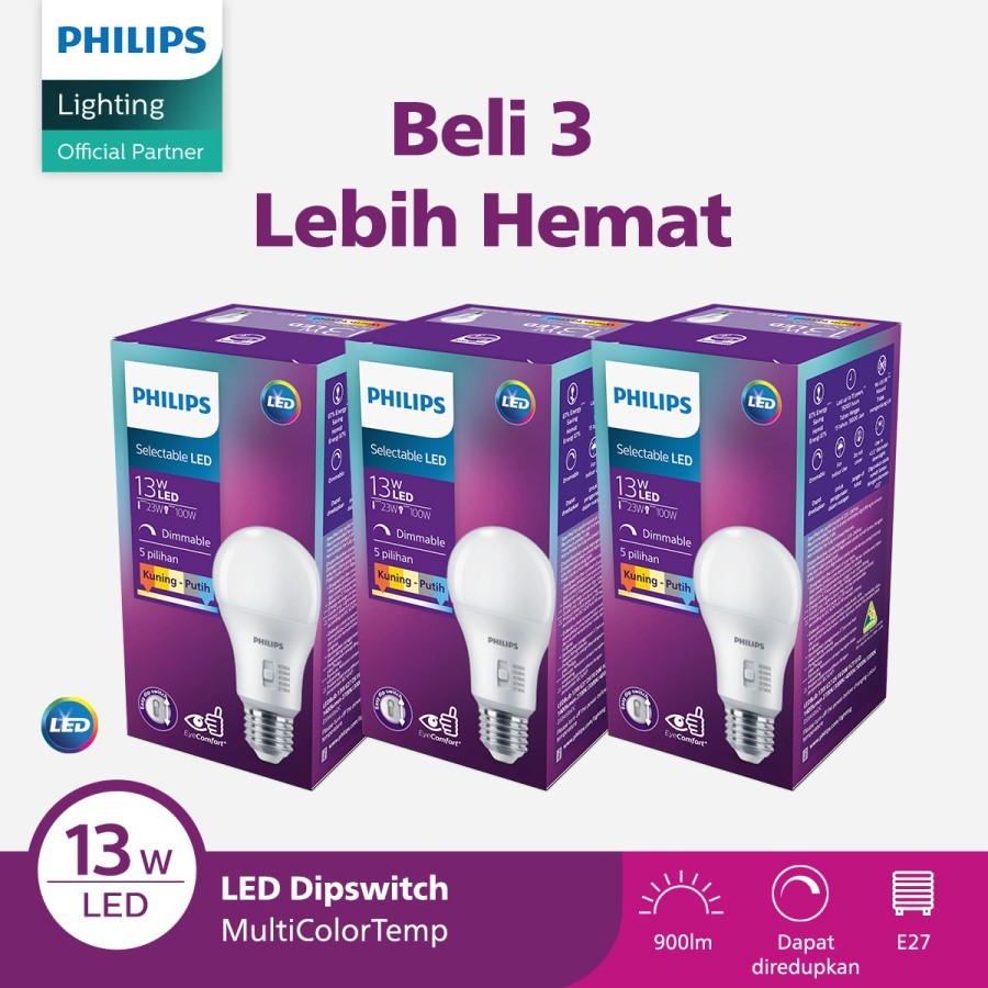 Jual Philips Paket 3 Lampu Dip Scene Switch Bohlam LED 13W 5 Warna DIM ...