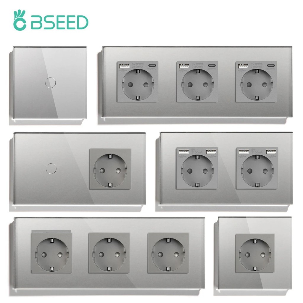 Jual BSEED Touch Switch With EU Power Wall Socket Gray Led Wall Light Switches 1/2/3Gang 1Way ...