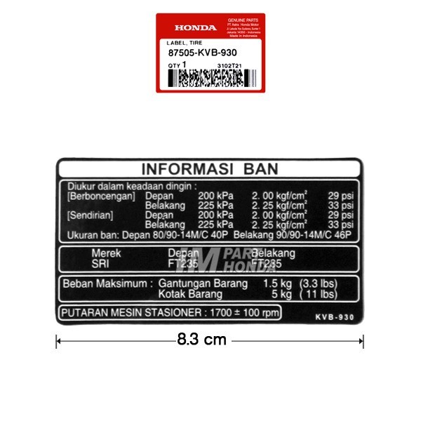 Jual 87505-KVB-930 Label Tire Stiker Informasi Tekanan Angin Ban Vario ...