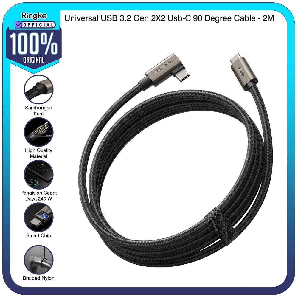 Jual Ringke USB 3.2 Gen 2X2 Usb-C 90 Degree Cable 2M Kabel Data Type-C ...