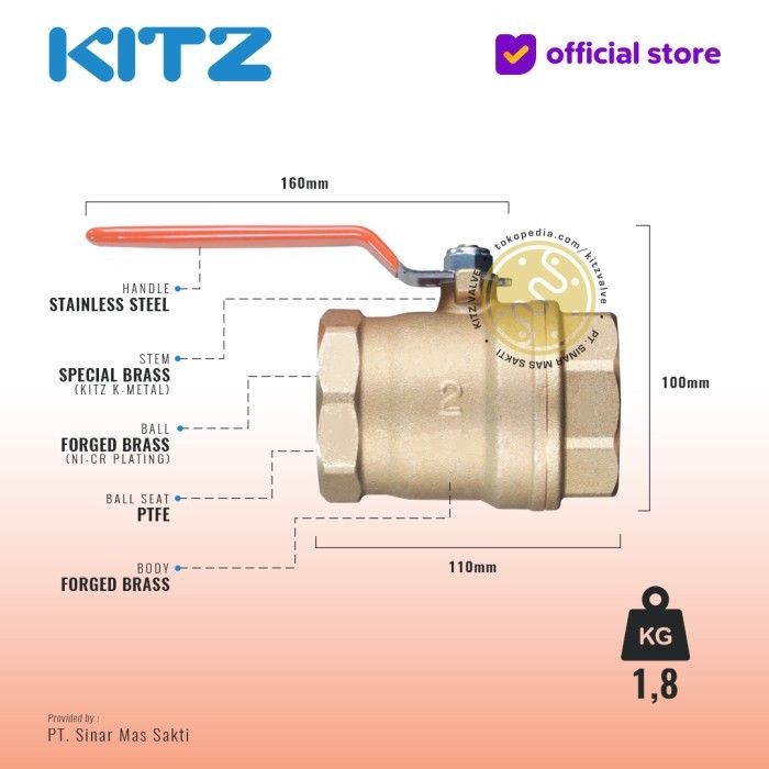 Jual KITZ Brass Ball Valve Fig. 400 T , 2" - 50A - 50mm , Drat / Screw | Shopee Indonesia