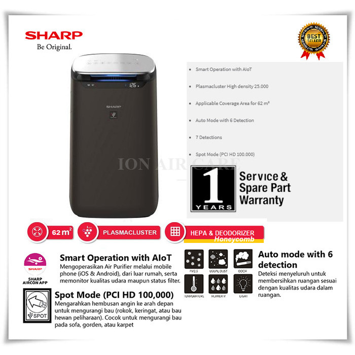 Jual SHARP AIR PURIFIER PLASMACLUSTER FP J80Y H / SMART AIot FP-J80Y-H 62M2 | Shopee Indonesia