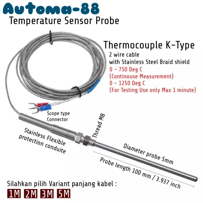 Jual Temperature Sensor Probe 10cm Thermocouple K-Type 100mm 2 wire drat M8 readyy | Shopee ...