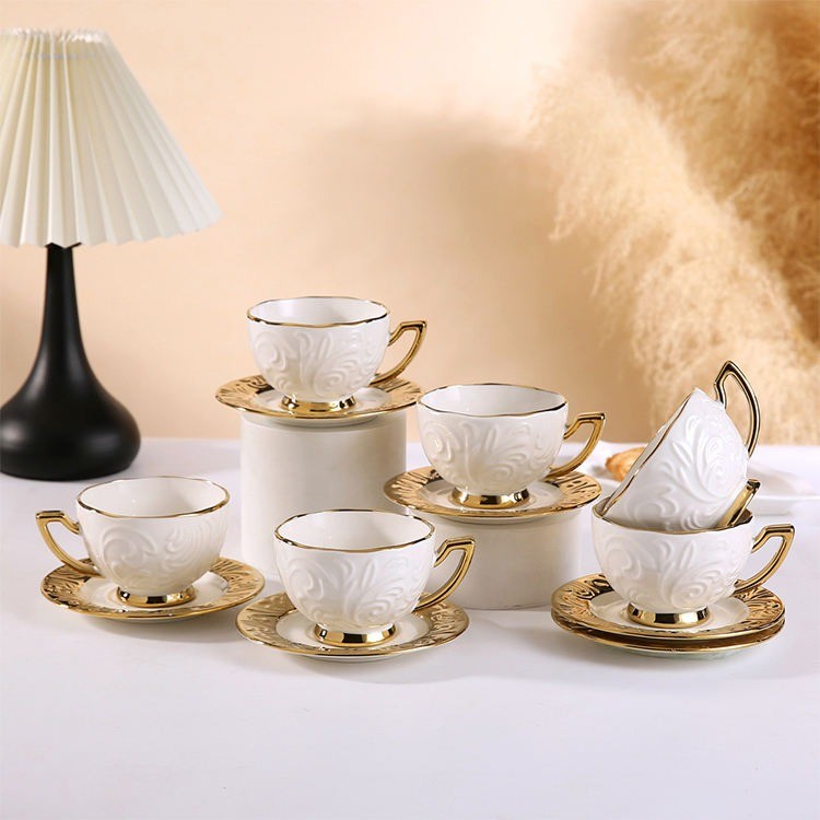 Jual Set Cangkir Kopi Keramik 6in1 Embossed Pattern Tea Coffee Cup ...