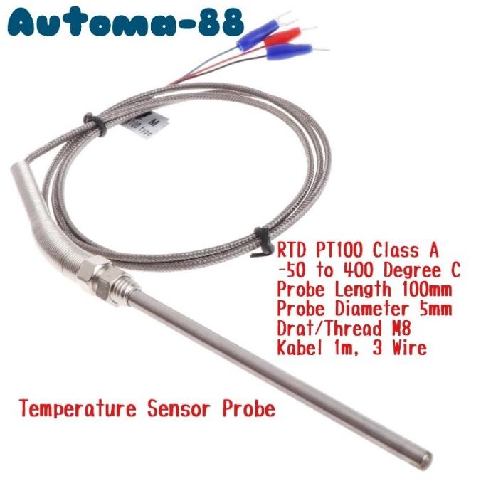 Jual Sensor Suhu Thermocouple PT100 Probe 100mm 3 Kabel 1M Drat M8 ...