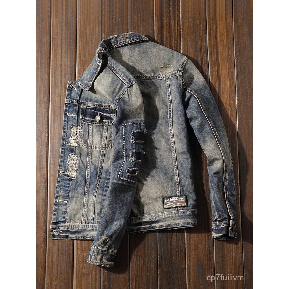 Jual Jaket Light Luxury Ripped Denim Men's Slim-Fitting Cool Patch ...