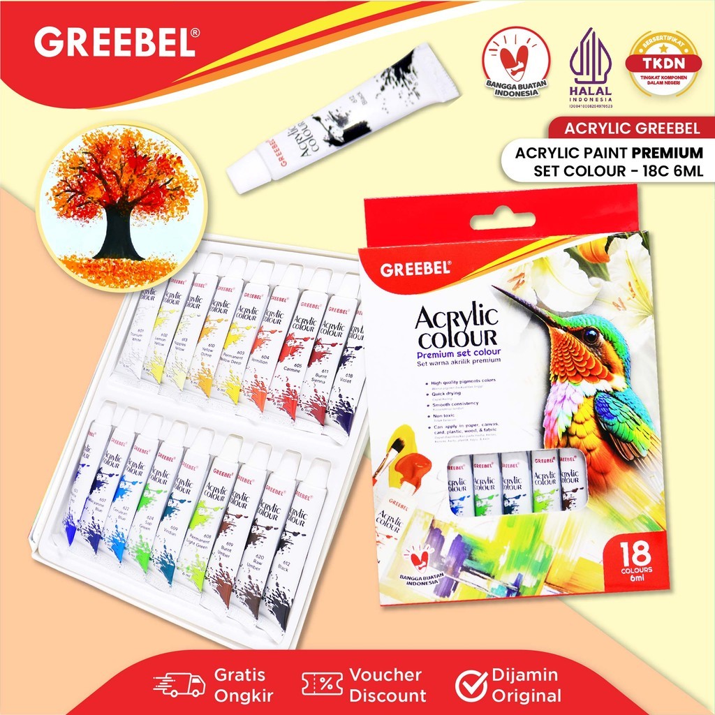 Jual GREEBEL Cat Lukis Akrilik 1 Set 18 Warna 6ml [ 18 WARNA X 6M ...