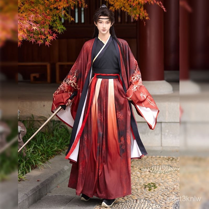 Jual Men's Hanfu Set: Bold Heroic Print Black and Red Long Skirt Beizi ...
