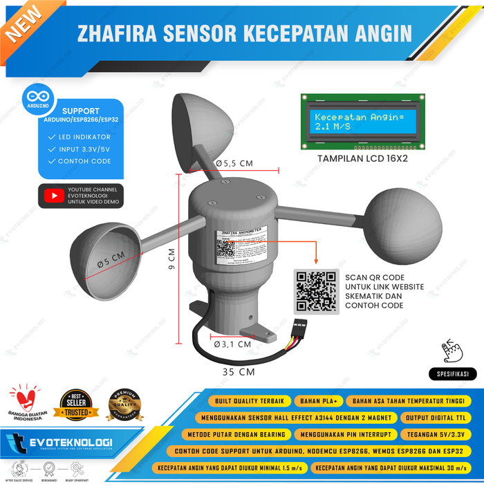Jual Zhafira Sensor Kecepatan Angin Anemometer Wind Speed Support