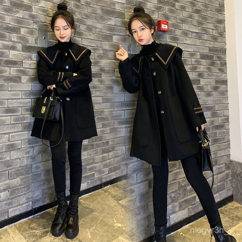 Jual Sailor Collar Overcoat Mid-Length Women2024New Korean Style Preppy ...