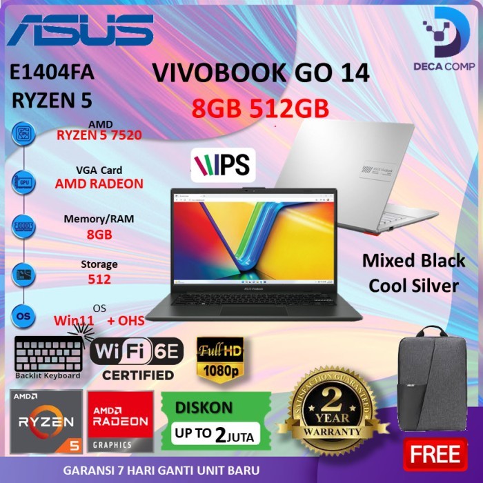 Jual Laptop Asus Vivobook Go 14 E1404Fa Ryzen 5 7520 8Gb/16Gb 512Gb W11 14.0Fhd Isp/M413Da Ryzen ...