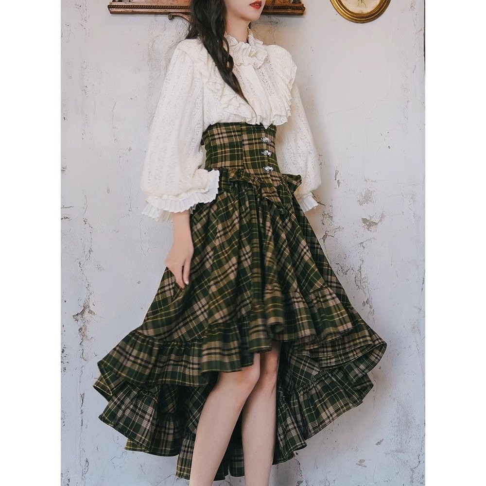 Jual Palace Retro Lace Lantern Sleeve Shirt and Flared Long Skirt Two ...