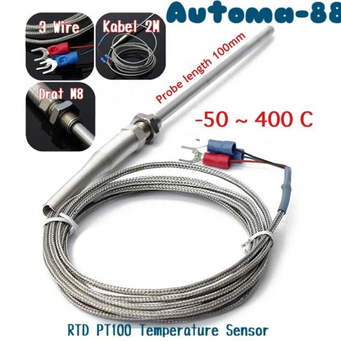 Jual Temperature sensor PT100 3 wire Probe 50mm 100mm Kabel 1m 2m Drat ...