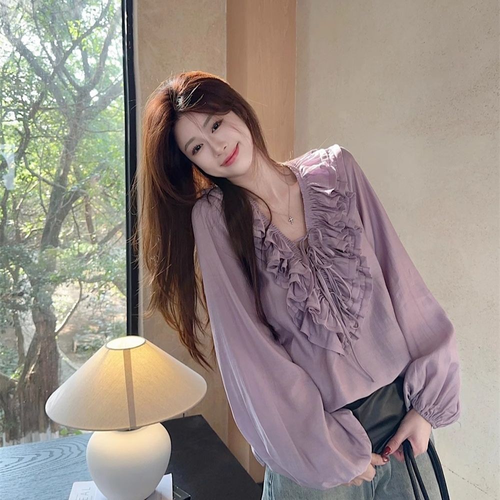 Jual Gaya Prancis Fashion Baru Niche Unik Indah Ruffle Tali Tarik V ...