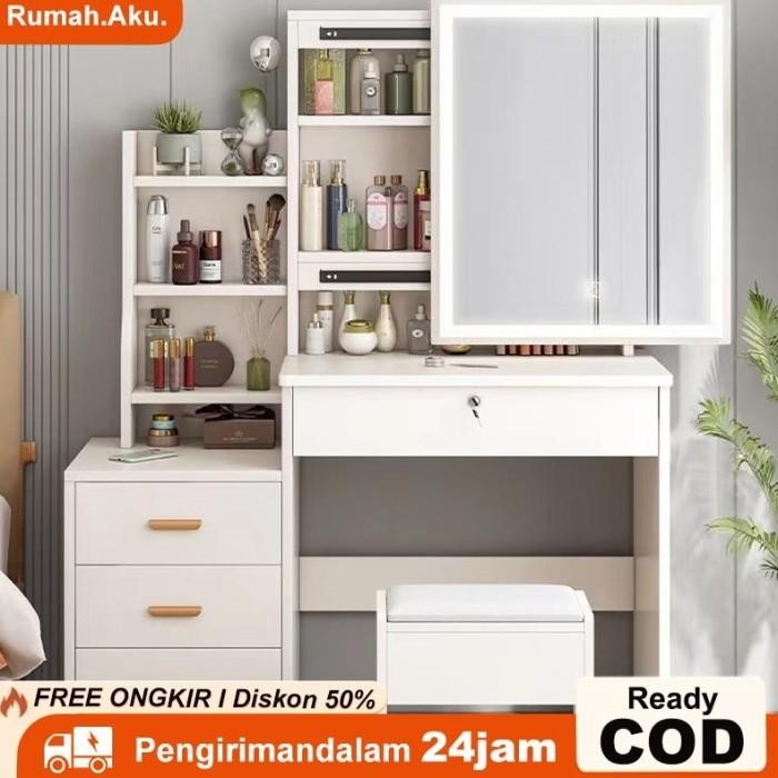Jual RA Meja Rias dengan Lampu/80cmMeja Rias Kaca bisa Sliding Putih ...
