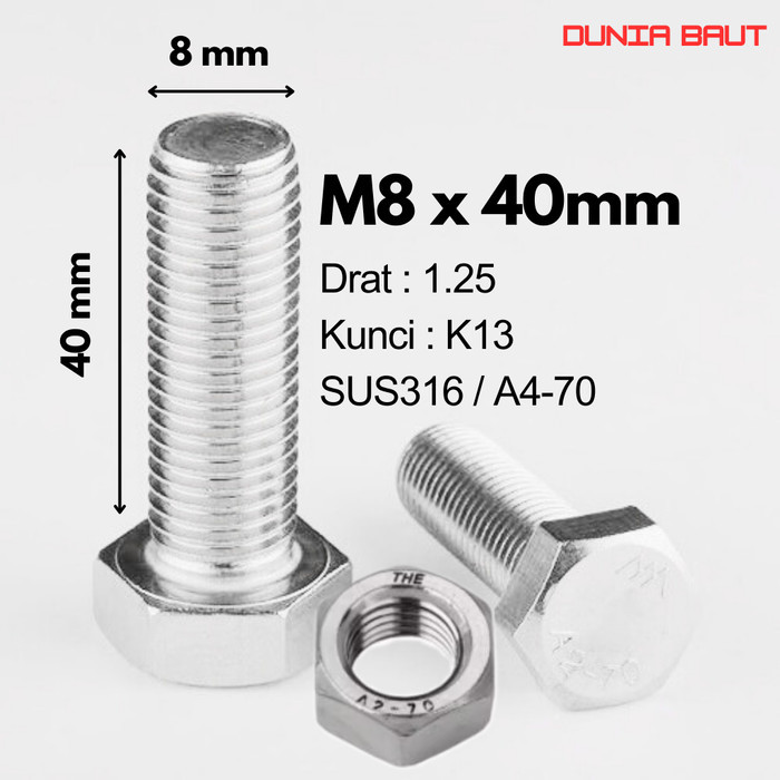 Jual Baut Hex Stainless SS316 M8X40 - Baut Hexagon 8X40 / M8 X 40 / 8 X 40 SUS316 / A4-70 Full ...