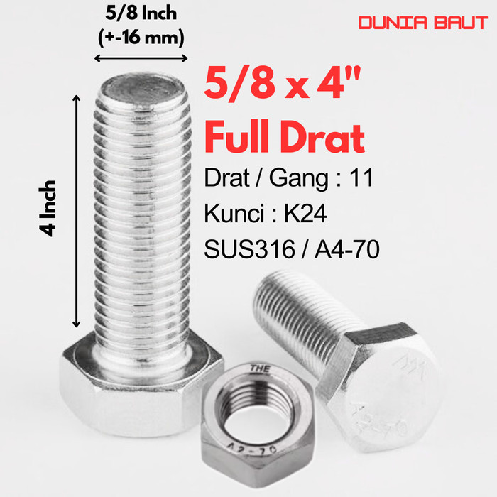 Jual SS316 Baut Hex Stainless 5/8 X 4 - Baut Hexagon 5/8X4 SUS316 / A4 ...