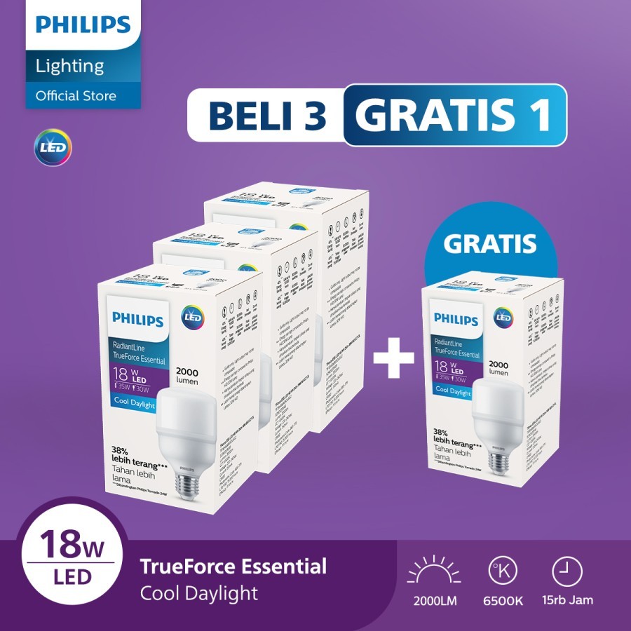 Jual Philips Paket 3 Free 1 Lampu Radiantline TrueForce Essential 18W Putih | Shopee Indonesia