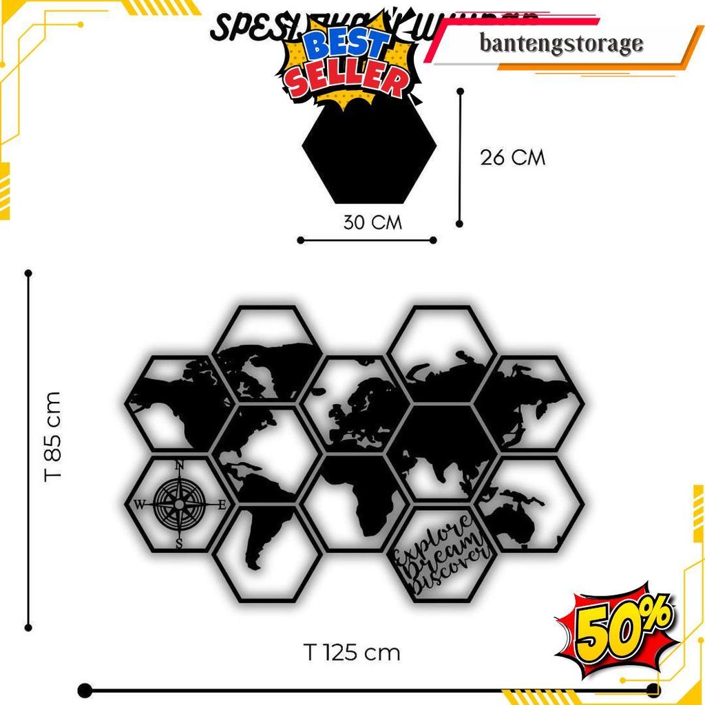 Jual Kreasi Kayu 3D Hexagonal Maps Dekorasi Dinding /Peta Dunia /World ...
