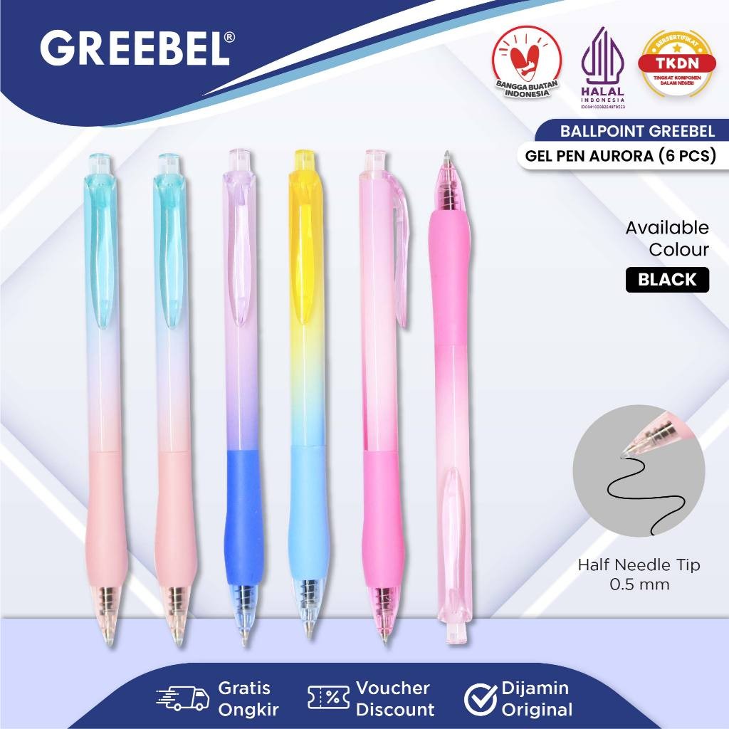 Jual GREEBEL Pulpen Gel / Gel Pen GP-511 Aurora 0.5 Hitam (6PCS/SET) / Ballpen Gel Ballpoint ...