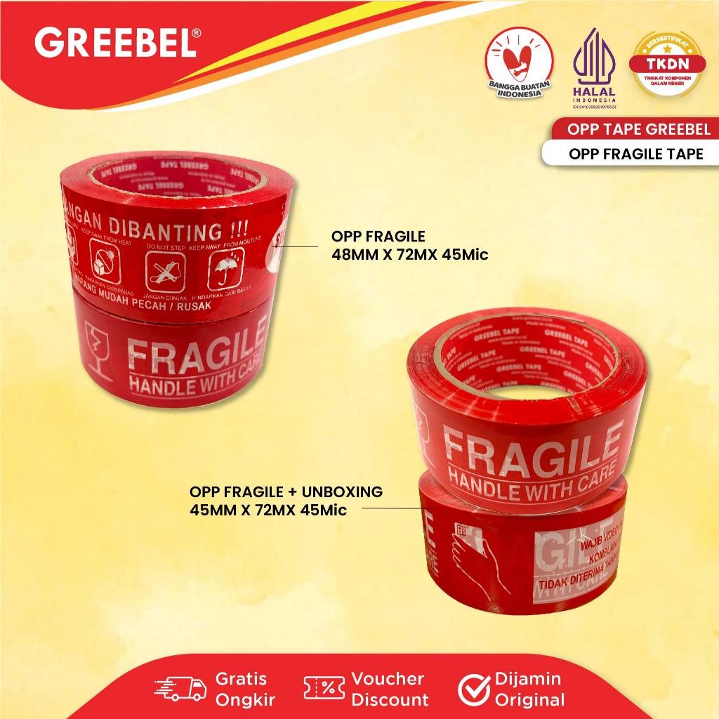 Jual GREEBEL Lakban Fragile / Selotip Fragile 72 YARD (PER PCS) / Opp ...