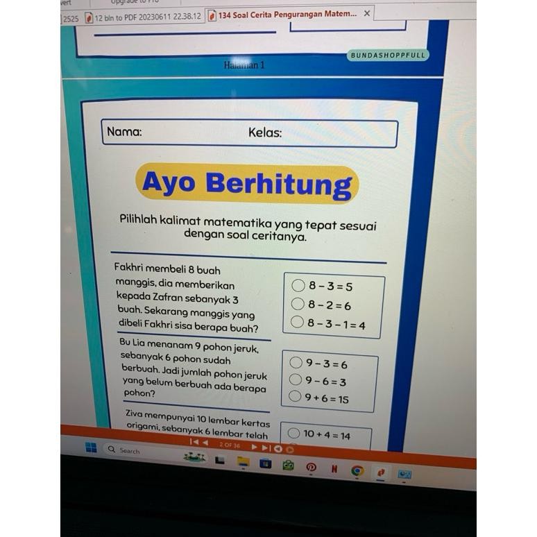 Jual LATIHAN SOAL MATEMATIKA SOAL CERITA PENGURANGAN 36 LEMBAR SD / TK ...