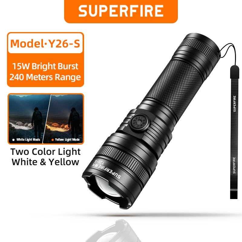 Jual SUPERFIRE Y26-S Senter Isi Ulang Senter LED Super Terang yang Dapat Diperbesar Lampu Kuning ...