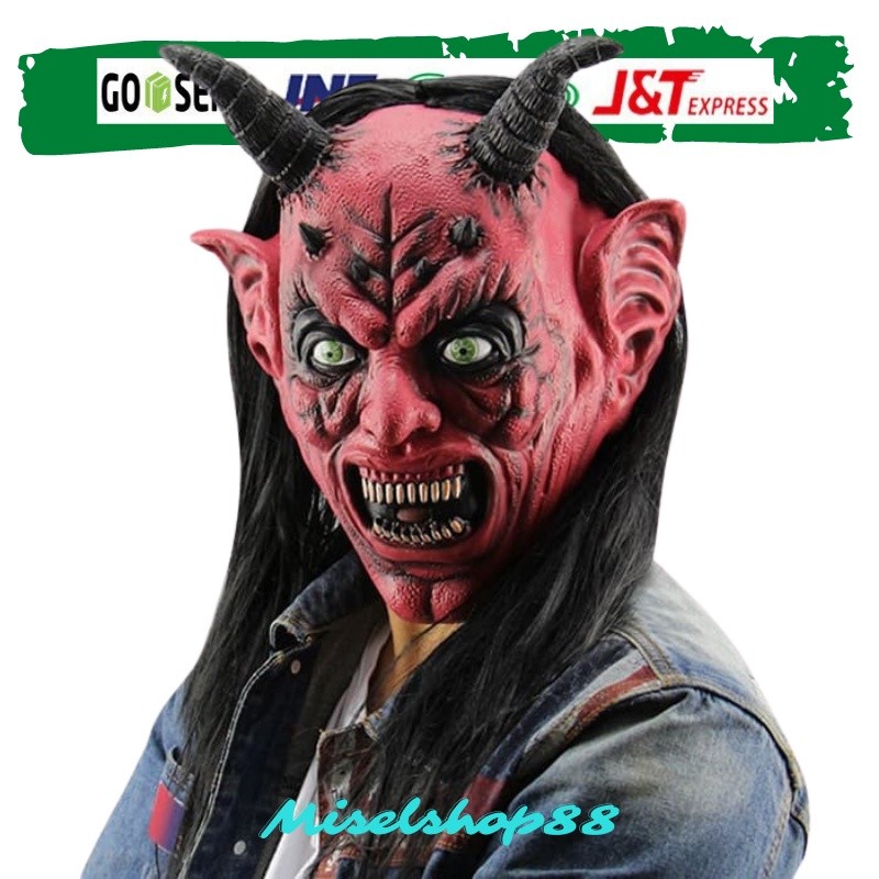 Jual Topeng setan merah red devil tanduk halloween mask full latex ...