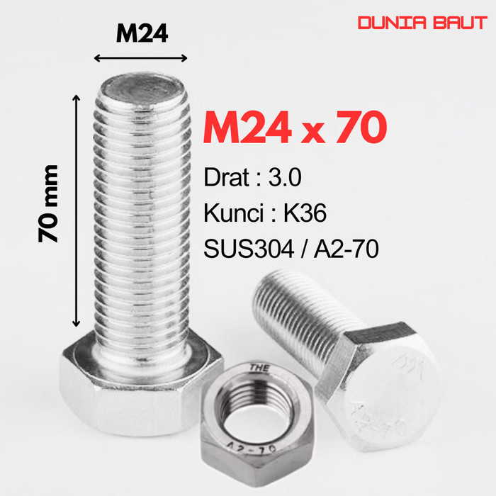 Jual Baut Hex Stainless M24X70 - Baut Hexagon 24X70 / M24 X 70 / 24 X 70 SS304 / SUS304 / A2-70 ...