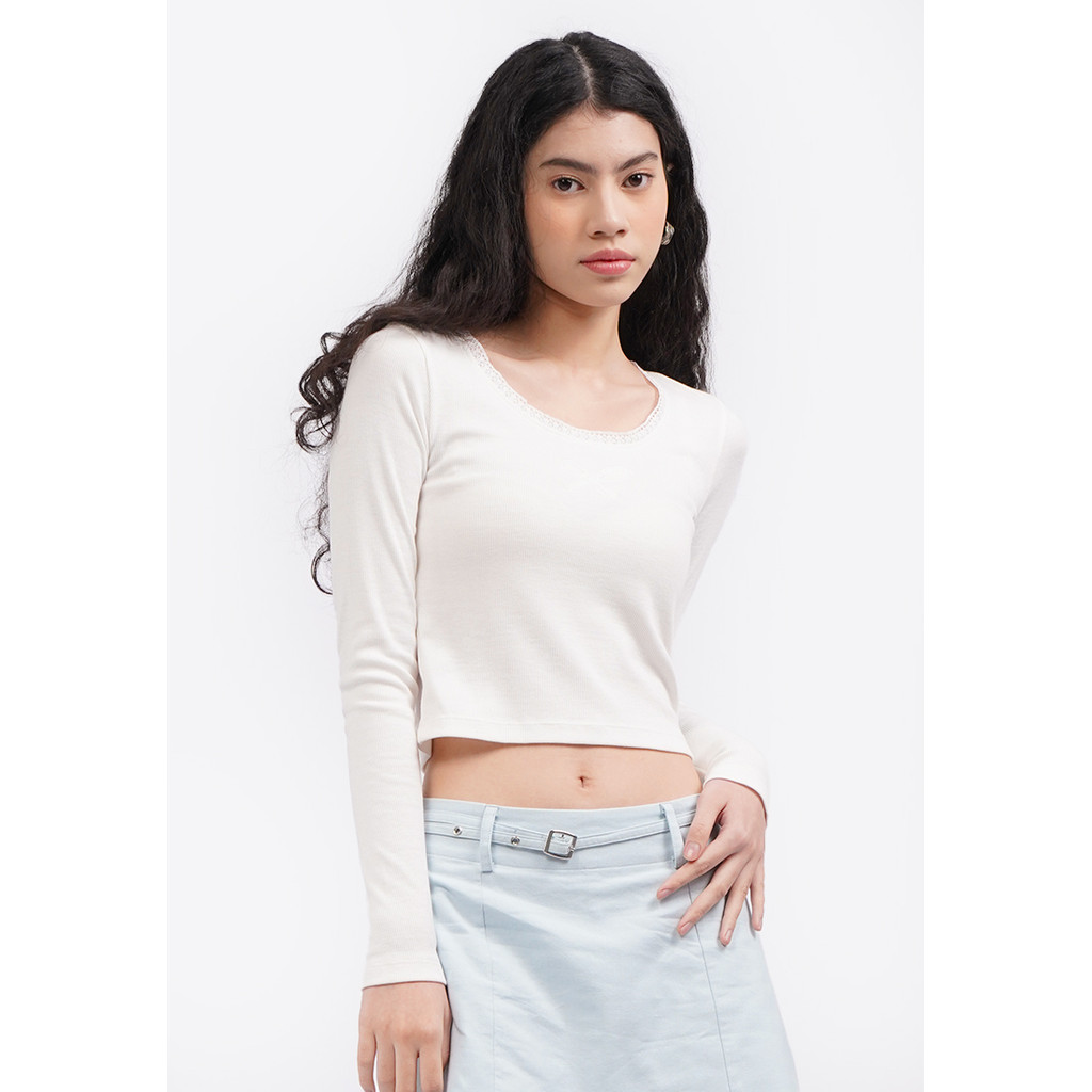 Jual COLORBOX Lace Trimmed Long Sleeve Top Off White | Shopee Indonesia