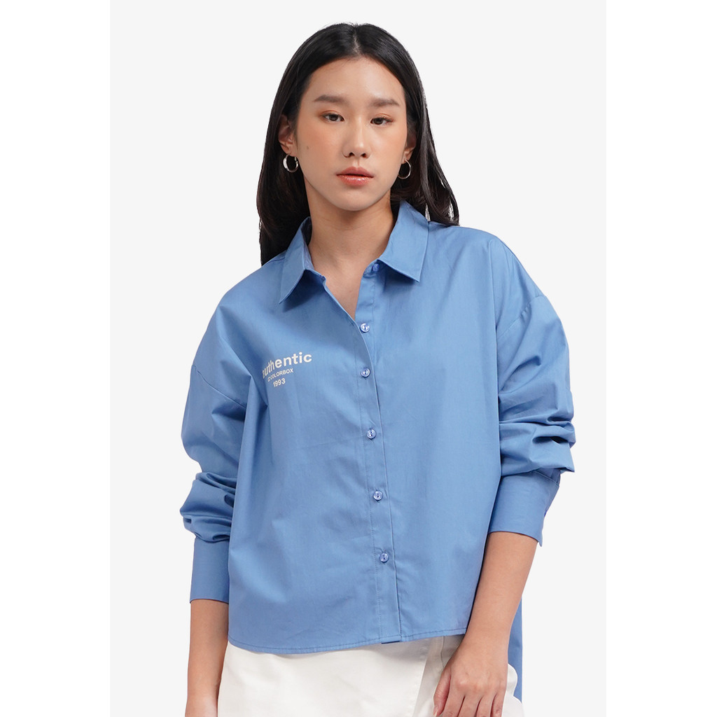 Jual COLORBOX Round Hem Long Sleeve Shirt Blue | Shopee Indonesia
