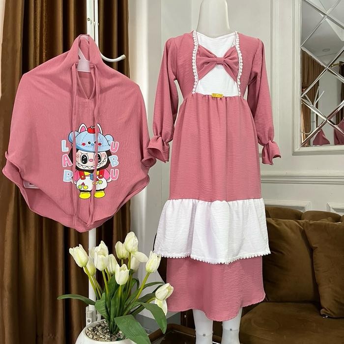 Jual Gamis Anak Set Hijab Labubu/Hijab Polos Gamis N Chifa Kids Crinkle ...