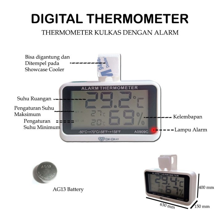 Jual TERMOMETER ALARM KULKAS DR GREY Termometer Gantung Tempel Showcase ...