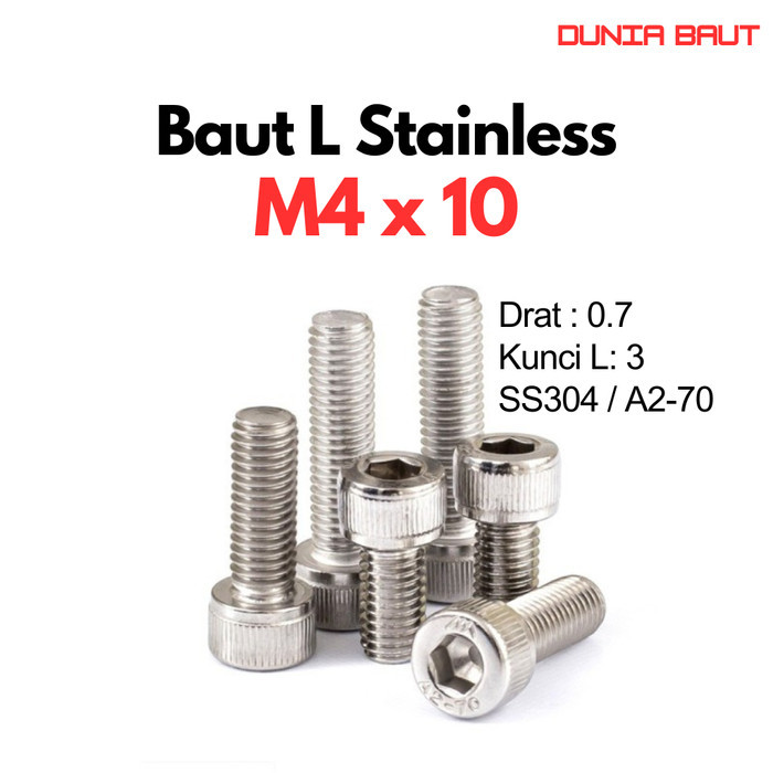 Jual DIN 912-1983 Baut L Stainless M4X10 / 4X10 / M4 X 10 / 4 X 10 Full Drat SS304 / SUS304 / A2 ...
