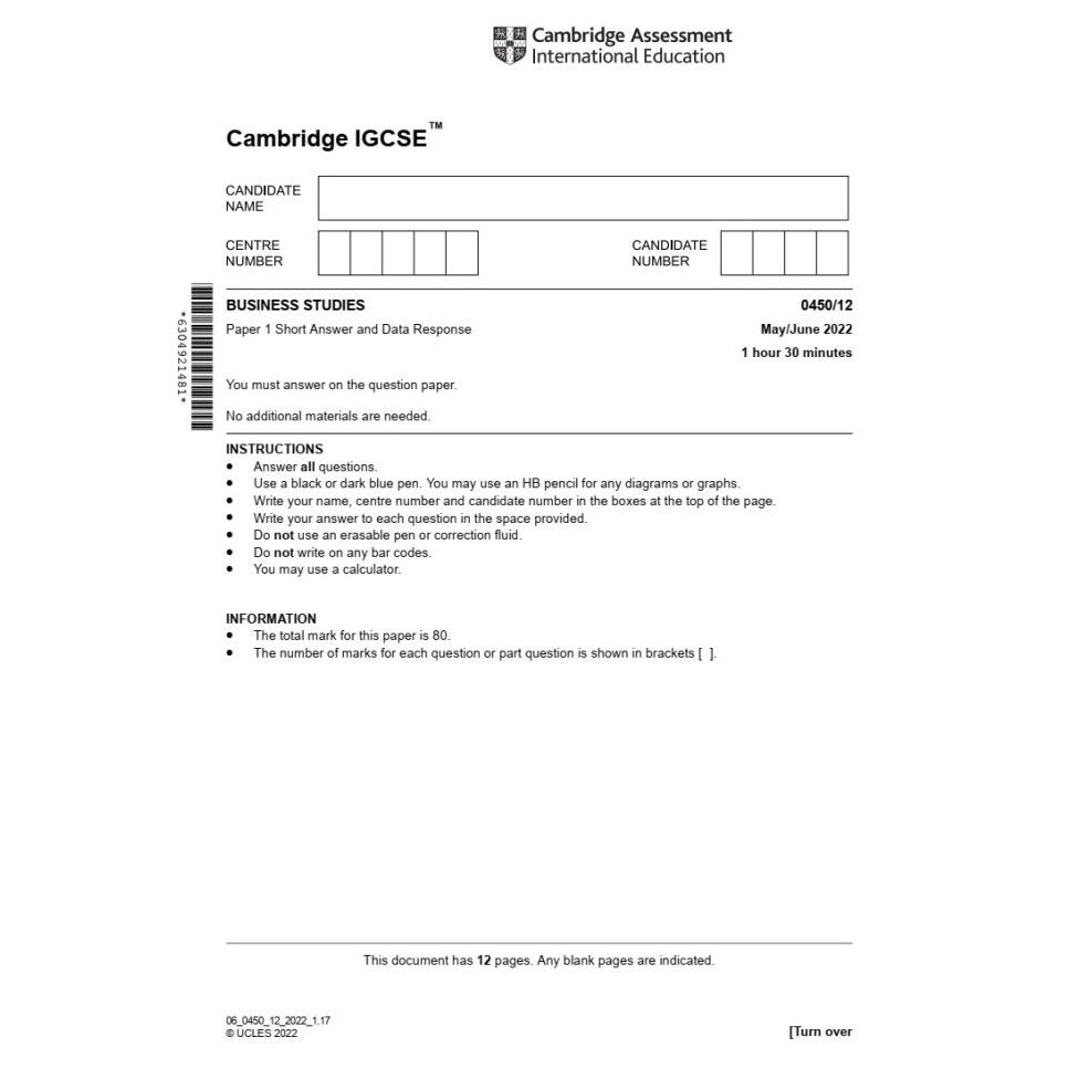 Jual Igcse Business 0450 2021 - 2022 May/June Past Papers And Mark ...