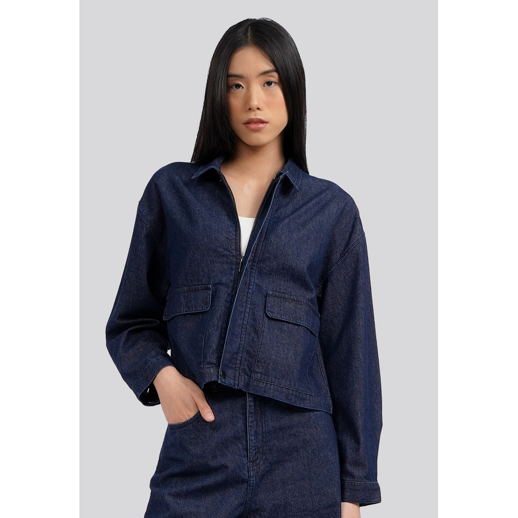 Jual Executive Double Pocket Collared Denim Jacket Navy | Shopee Indonesia